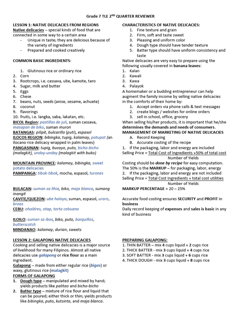 Grade 7 TLE: Native Delicacies Review | PDF | Foods | Nutrients