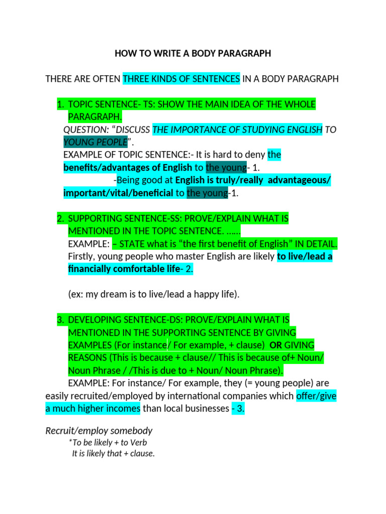 How to Write a Body Paragraph | PDF | English Language | Sentence ...