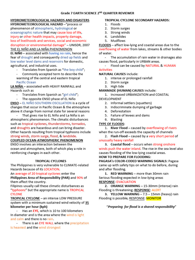 Grade 7 EARTH SCIENCE 2ND QUARTER REVIEWER | PDF | Flood | Tropical ...