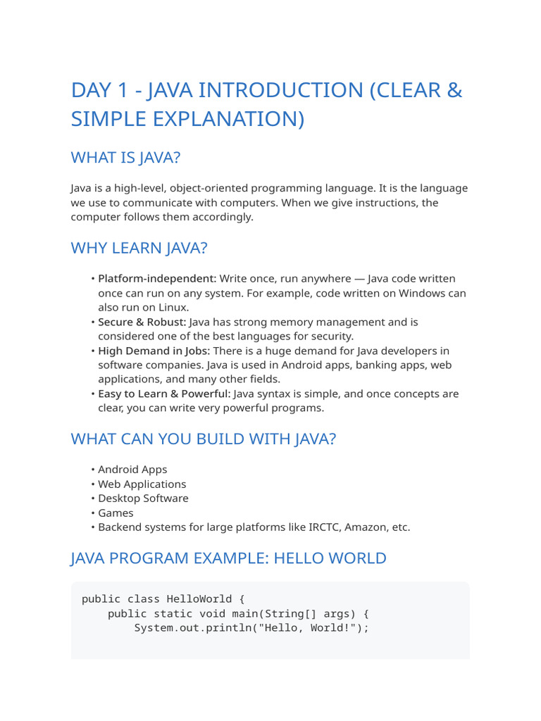 Java Introduction_ Day 1 Recap (1) | PDF