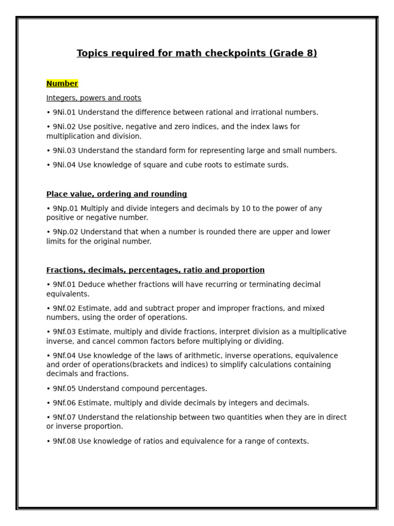 Topics Required for Checkpoints | PDF | Multiplication | Area