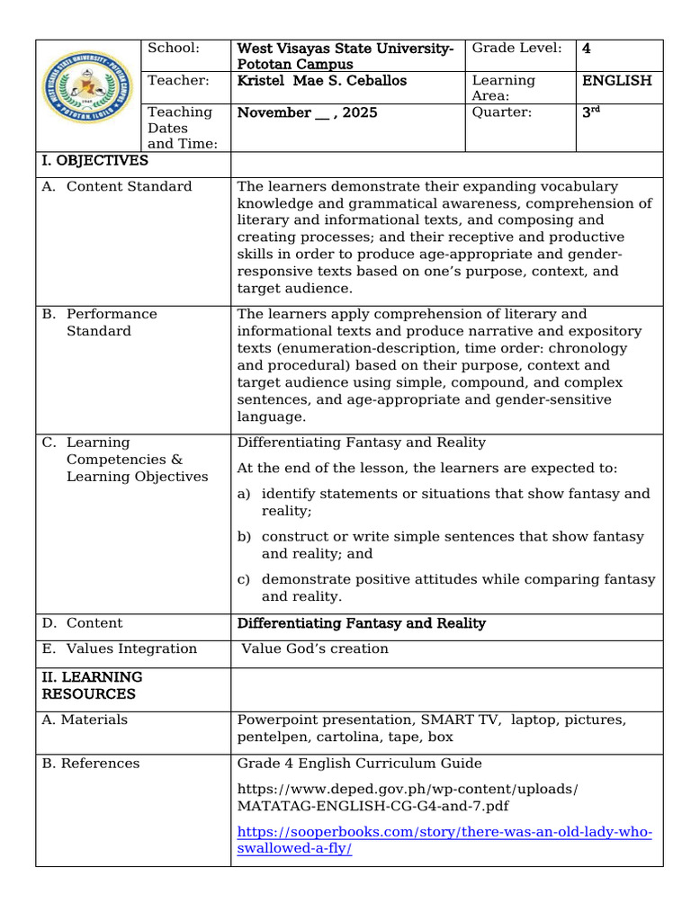 Grade 4 English Lesson on Fantasy vs Reality | PDF | Lesson Plan | Teachers