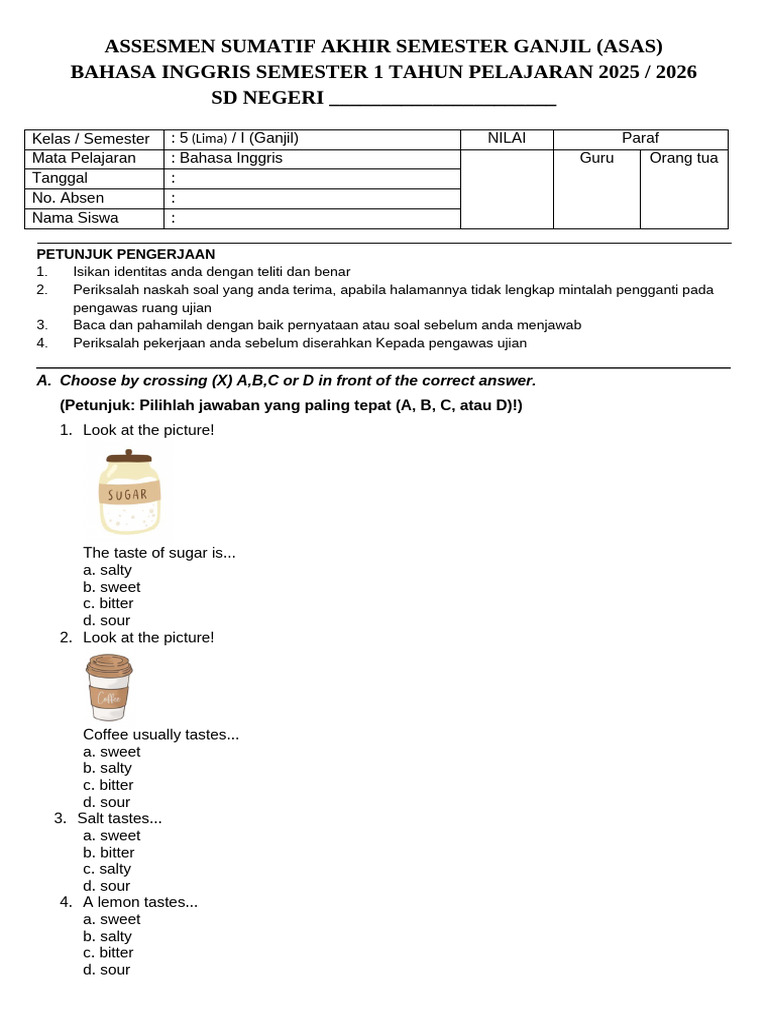 English Final Exam Grade 5 Semester 1 | PDF | Taste