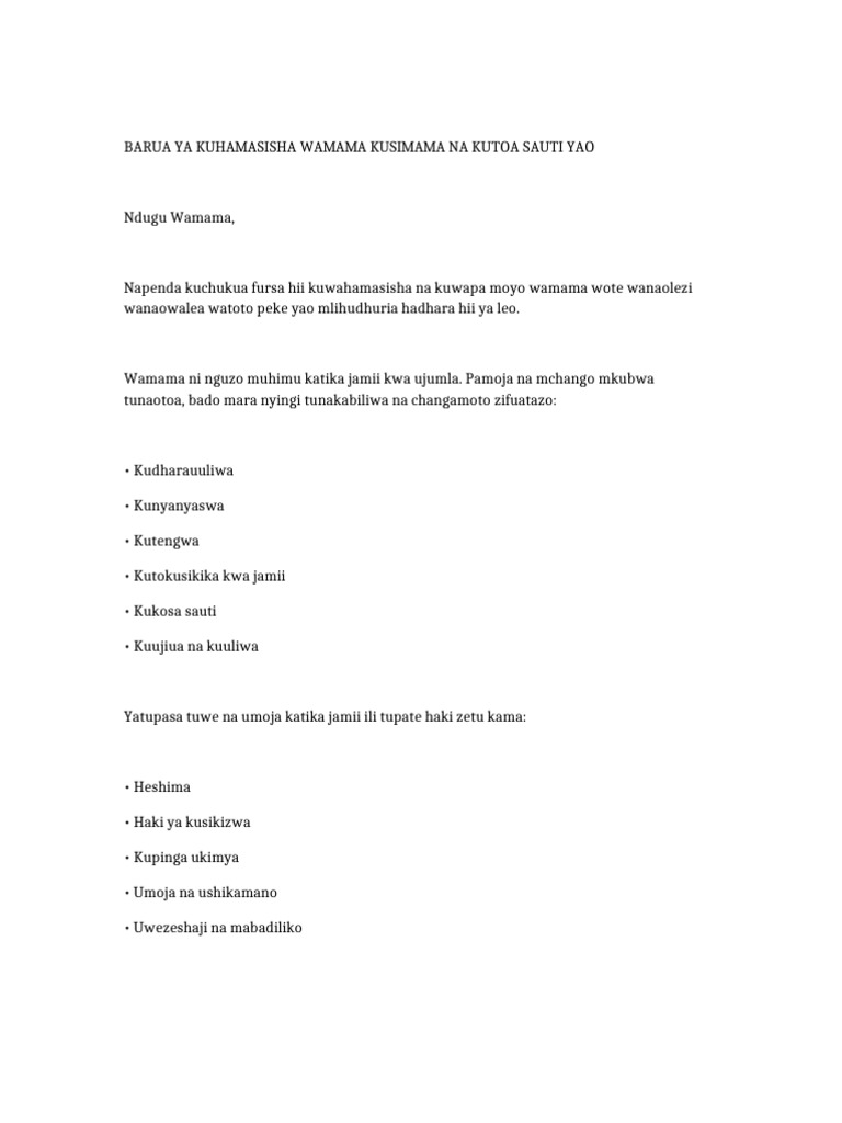 Barua Ya Kuhamasisha Wamama | PDF