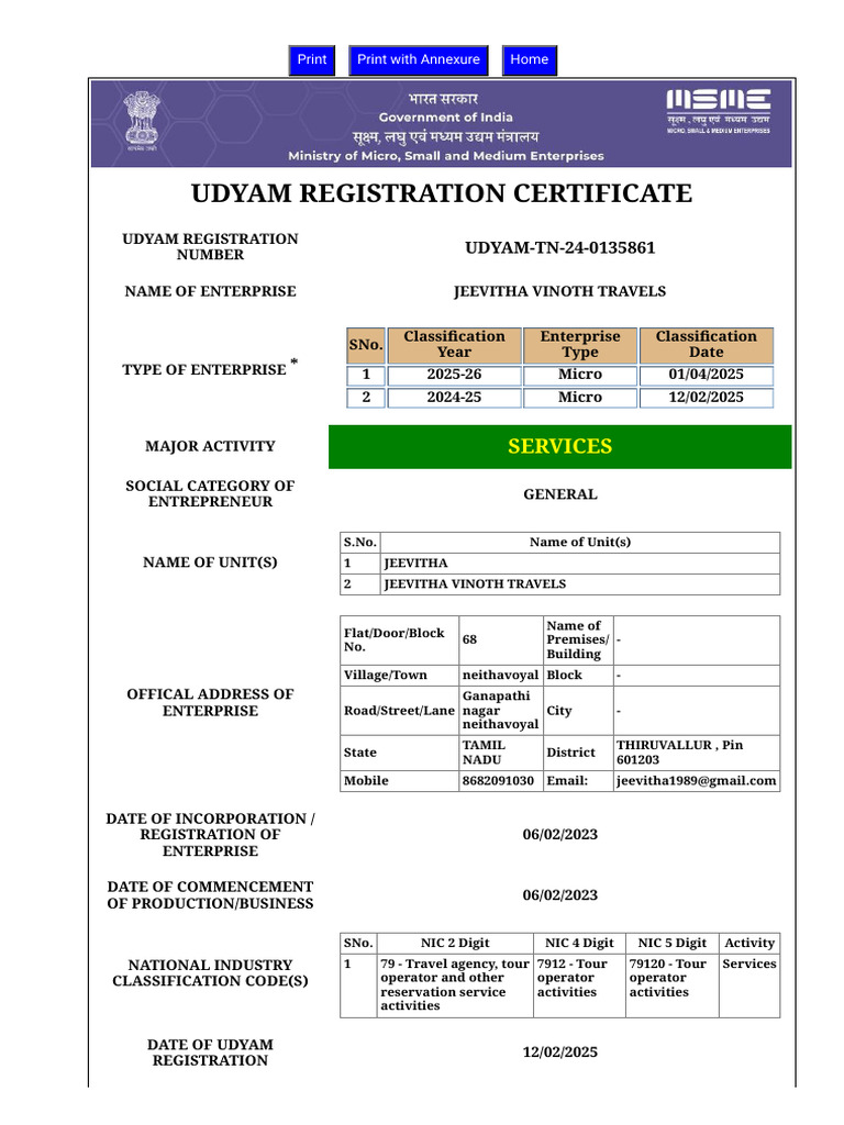 Udyam Registration for Jeevitha Vinoth Travels | PDF
