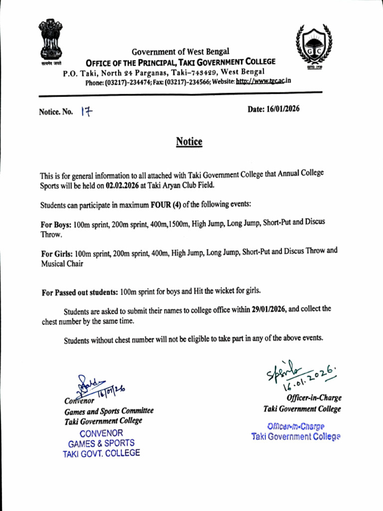 Taki Government College Annual Sports Notice | PDF