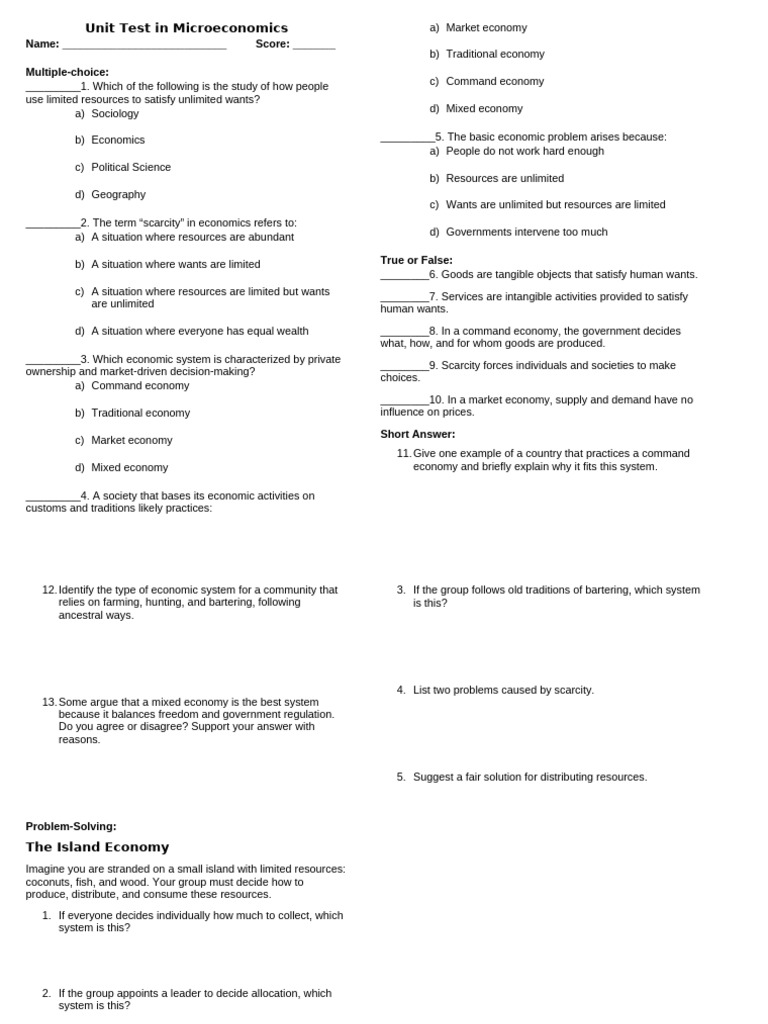 Microeconomics Unit Test Questions | PDF | Economies | Market (Economics)