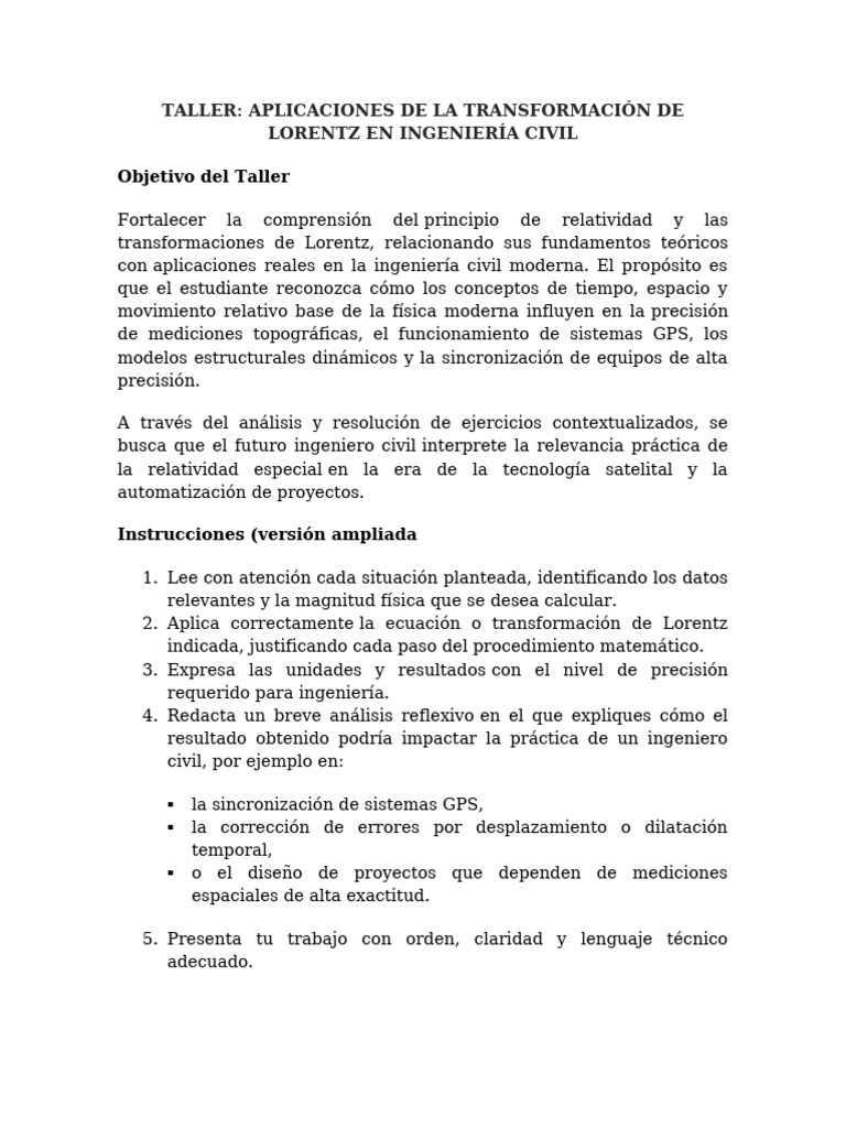 Taller- Aplicaciones de la Transformación de Lorentz en Ingeniería Civil | PDF
