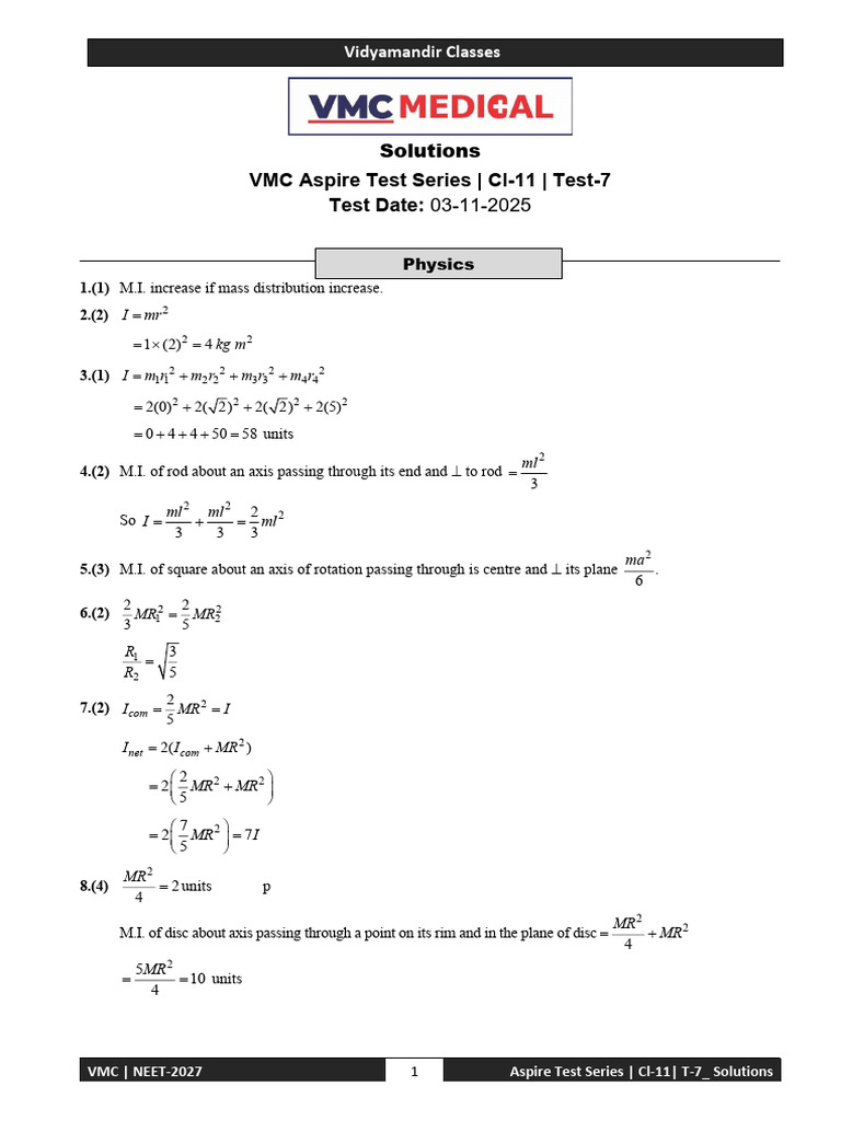 Solution Medical Aspire Test Series-T-7 Cl-11 (03!11!2025) NEET-2027 ...
