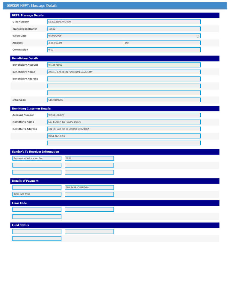 NEFT Transaction Details for Education Fee | PDF