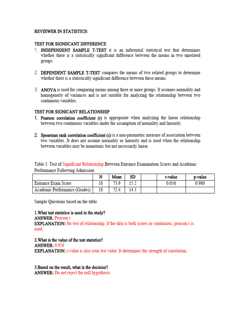 Statistical Tests for Significant Differences | PDF | Statistics | P Value