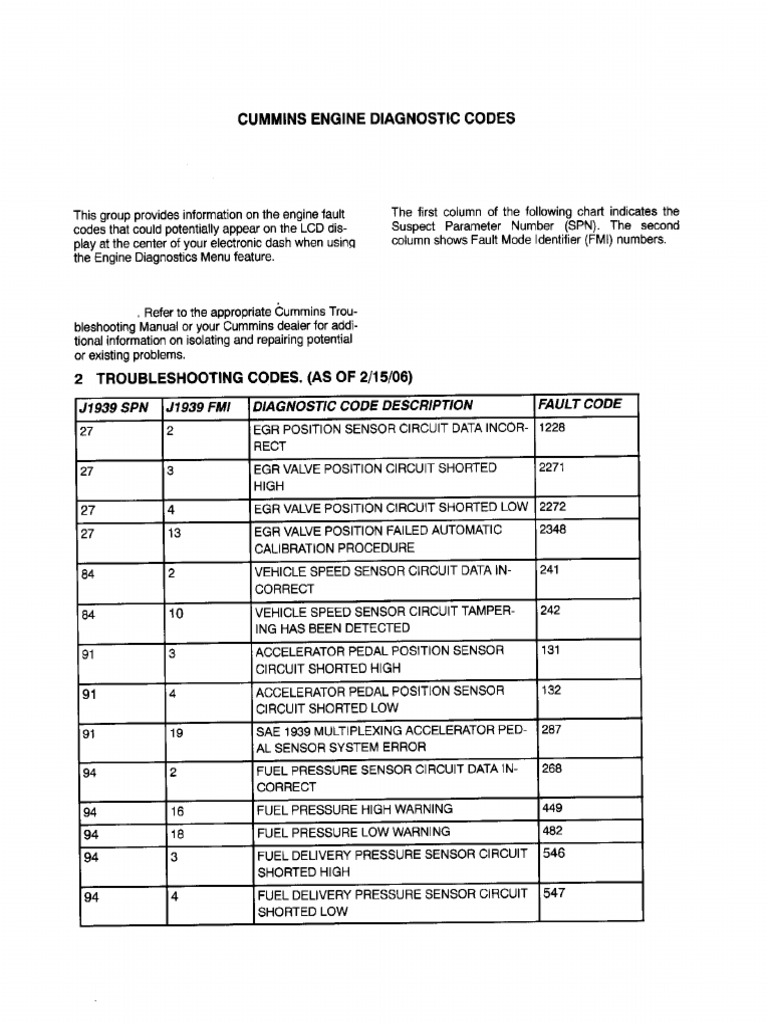 Cummins Engine Diagnostic Codes Manual | PDF