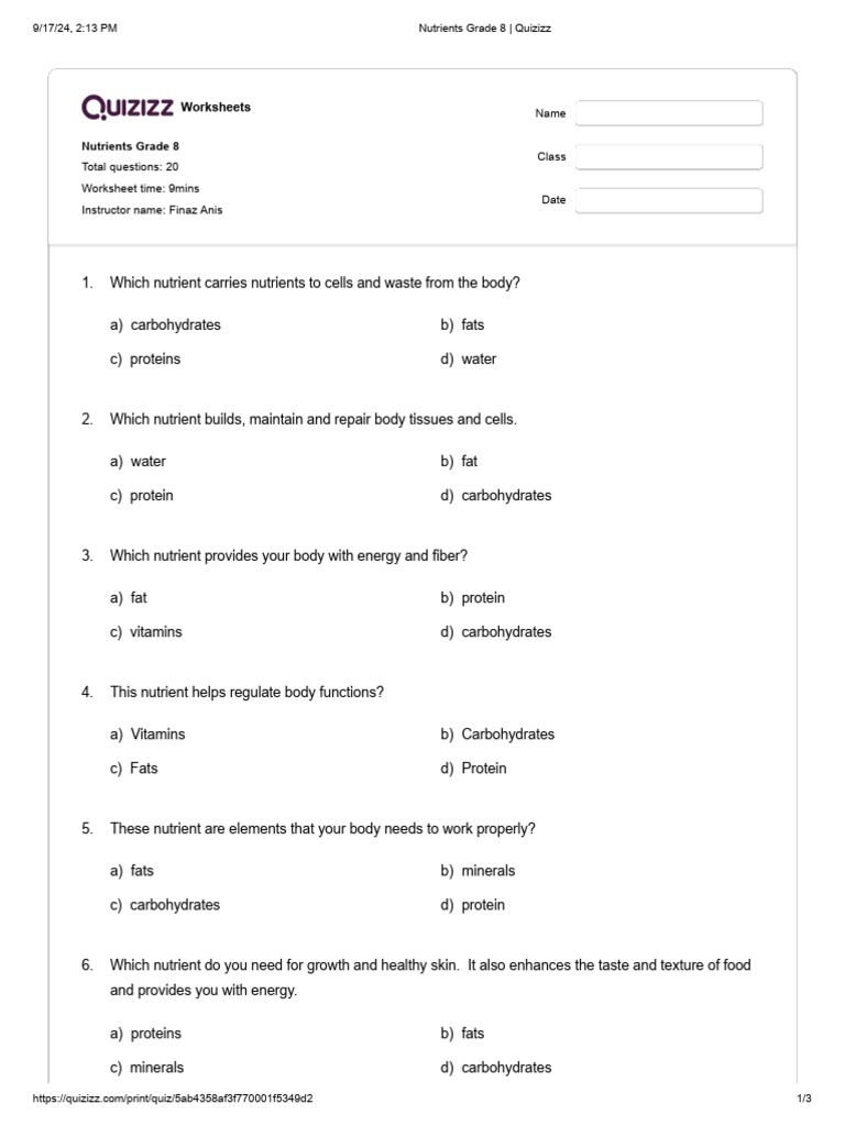 Grade 8 Nutrients Worksheet Quiz | PDF | Foods | Nutrients