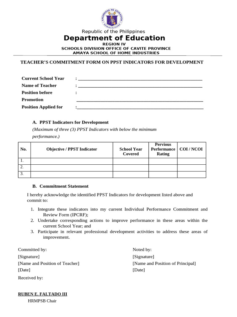 Teacher Commitment Form for PPST Indicators | PDF