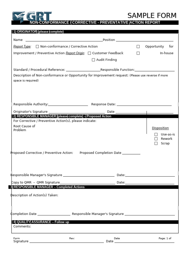 Non-Conformance, Corrective-Preventative Action Report Example | PDF