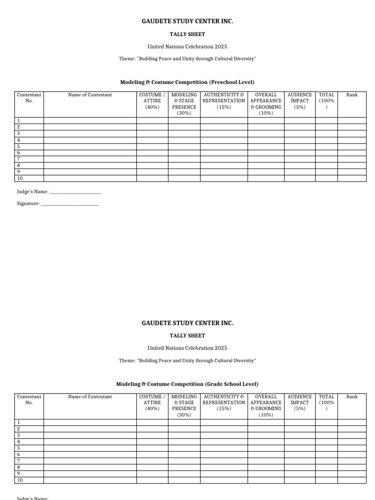 UN Costume Tally Sheet 2025 | PDF