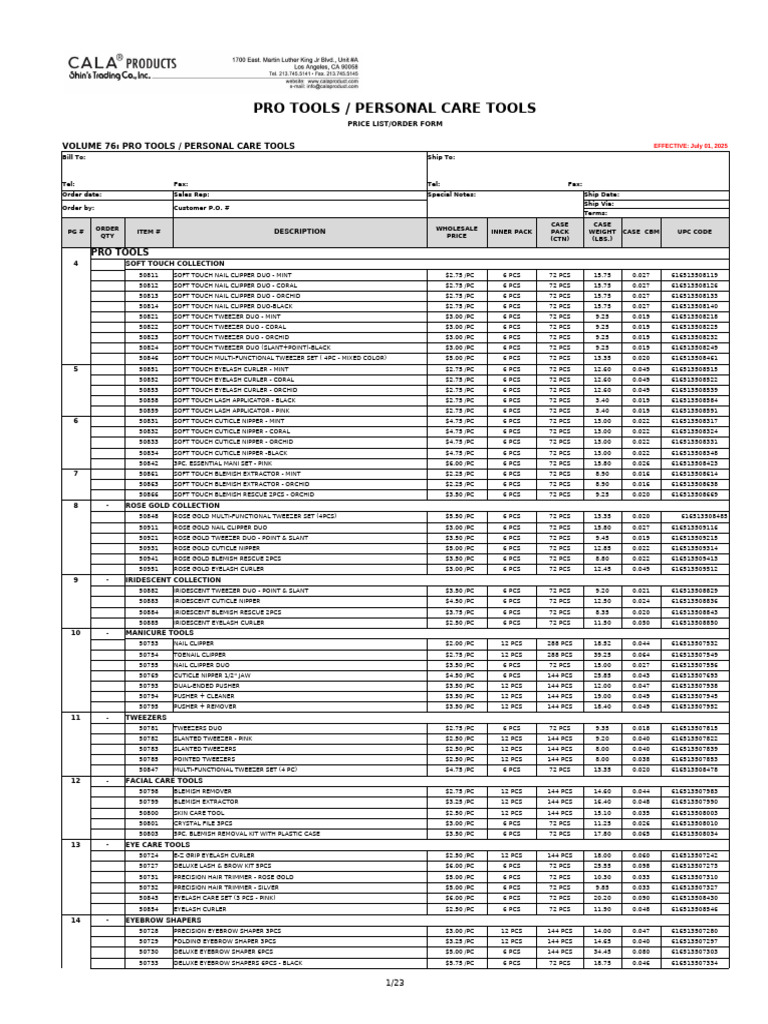Cala Products 2025-06 Price List a 20250701 | PDF | Nail (Anatomy) | Hand