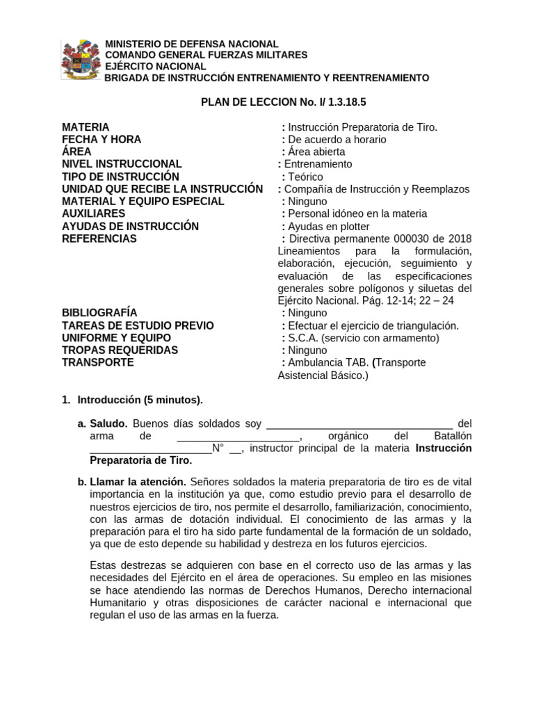 3.18.5 PLAN DE LECCION PREPARATORIA DE TIRO TAREA N°5 ORGANIZACIÓN DE UN ÁREA DE POLÍGONO. | PDF