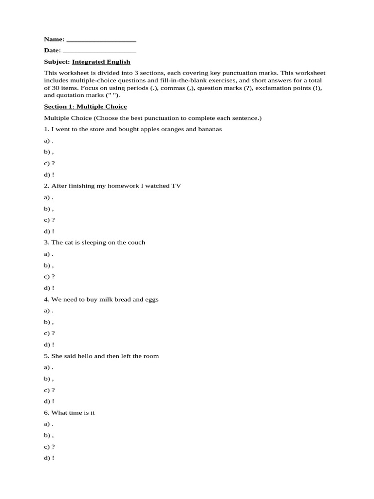 Punctuation Practice Worksheet | PDF