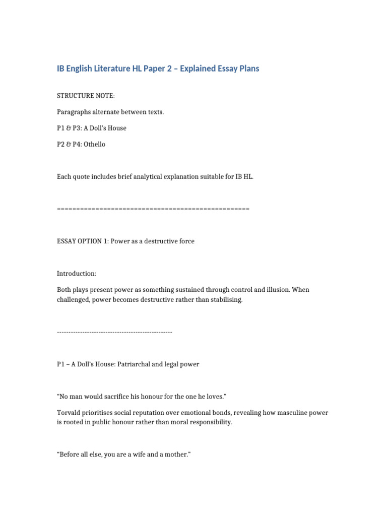 IB English Literature HL Essay Plans | PDF | Othello | A Doll's House