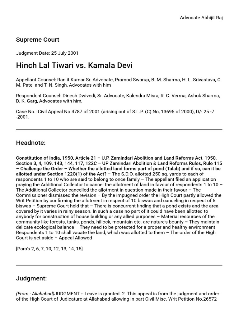 Hinch Lal Tiwari Vs Kamala Devi | PDF | Appeal | Supreme Court Of India