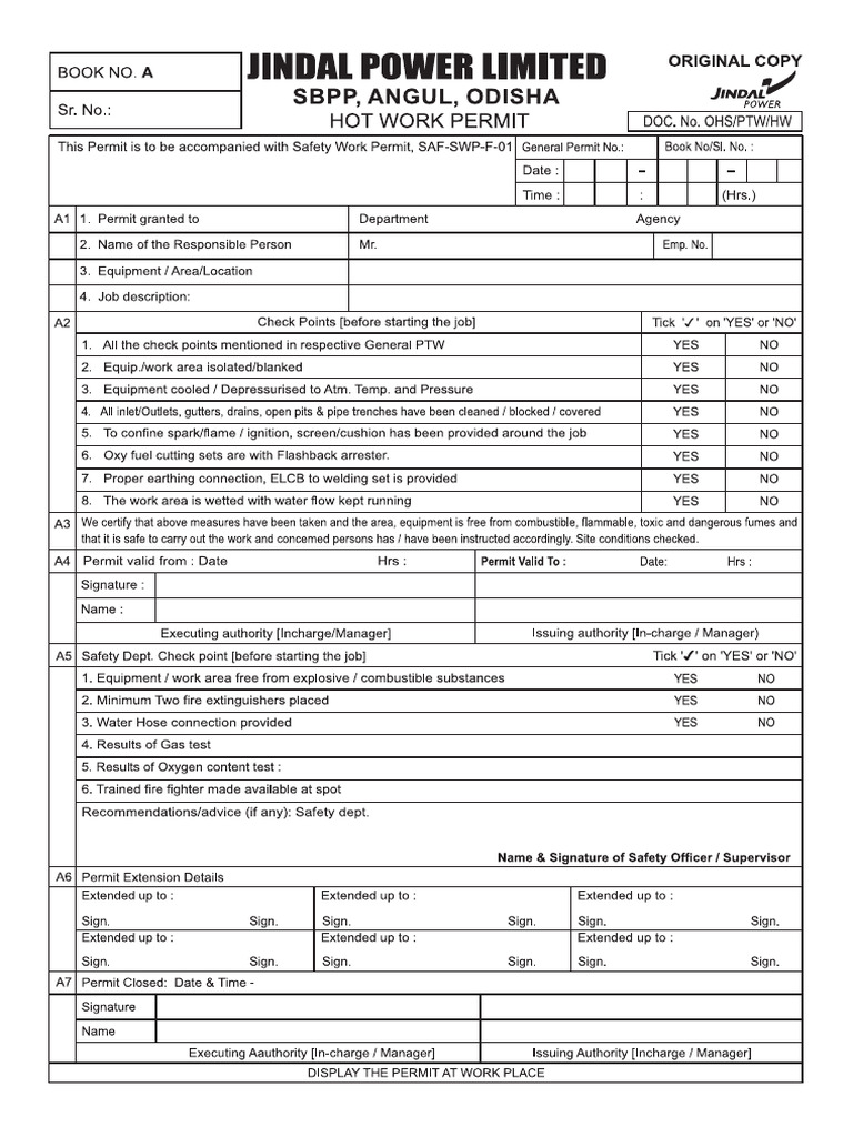 JINDAL Power - Hot Work Permit | PDF