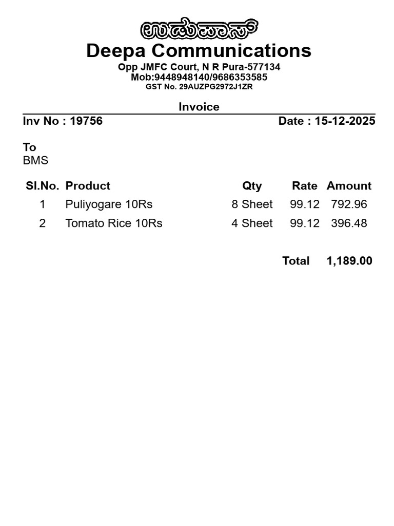 Invoice for Puliyogare and Tomato Rice | PDF