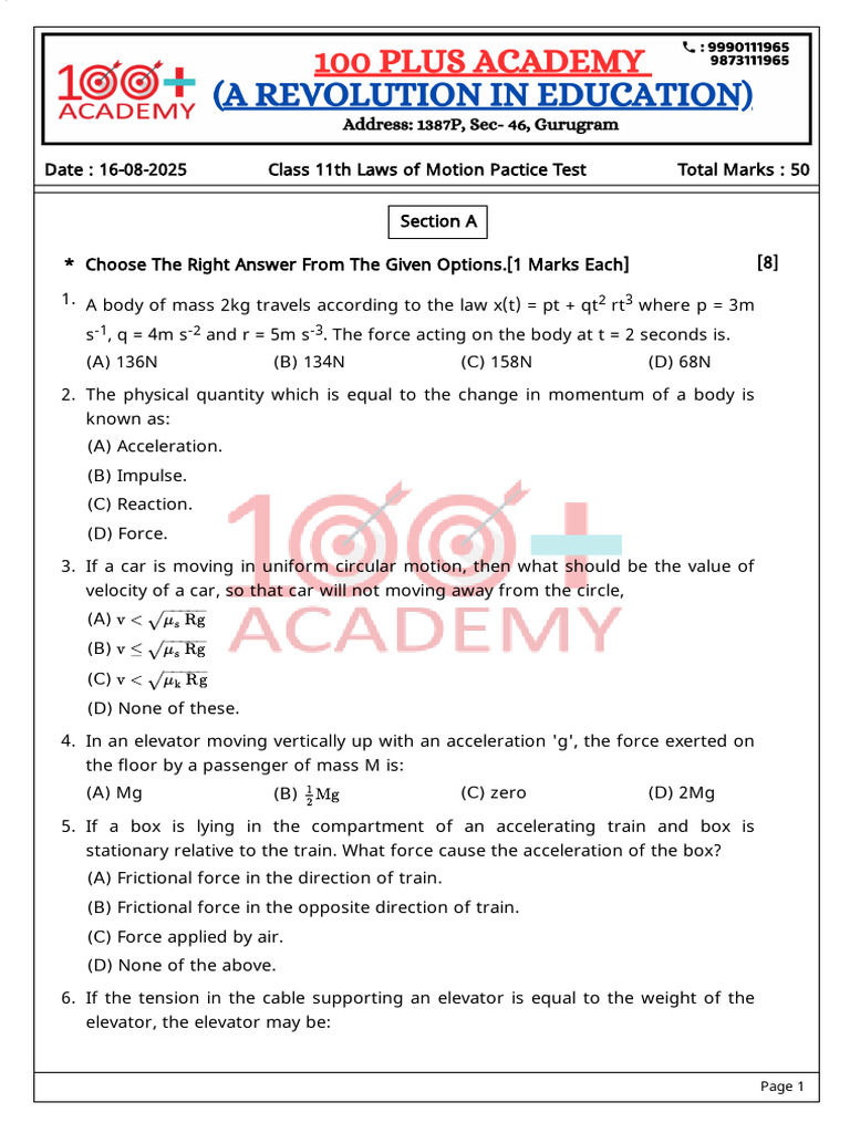 Laws of Motion Practice Test With Solution | PDF | Newton's Laws Of ...