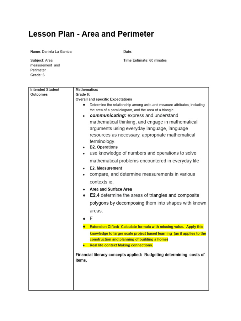 Lesson Plan - Area and Perimeter | PDF | Area | Learning