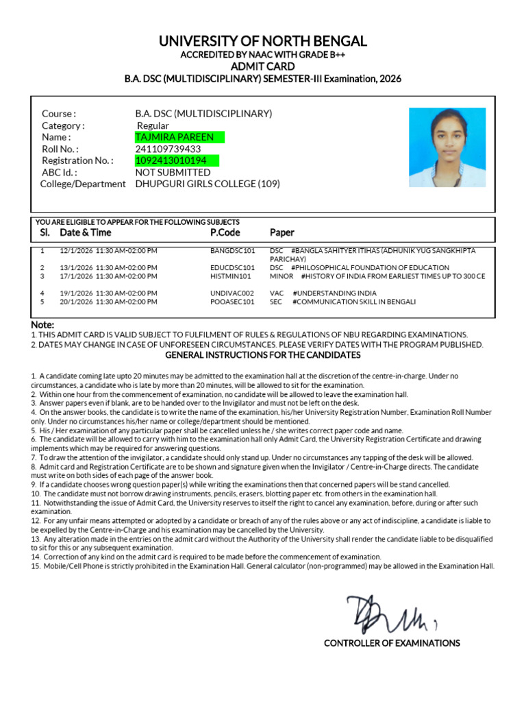 Admit Card Template NBU 1768102479505-1 | PDF