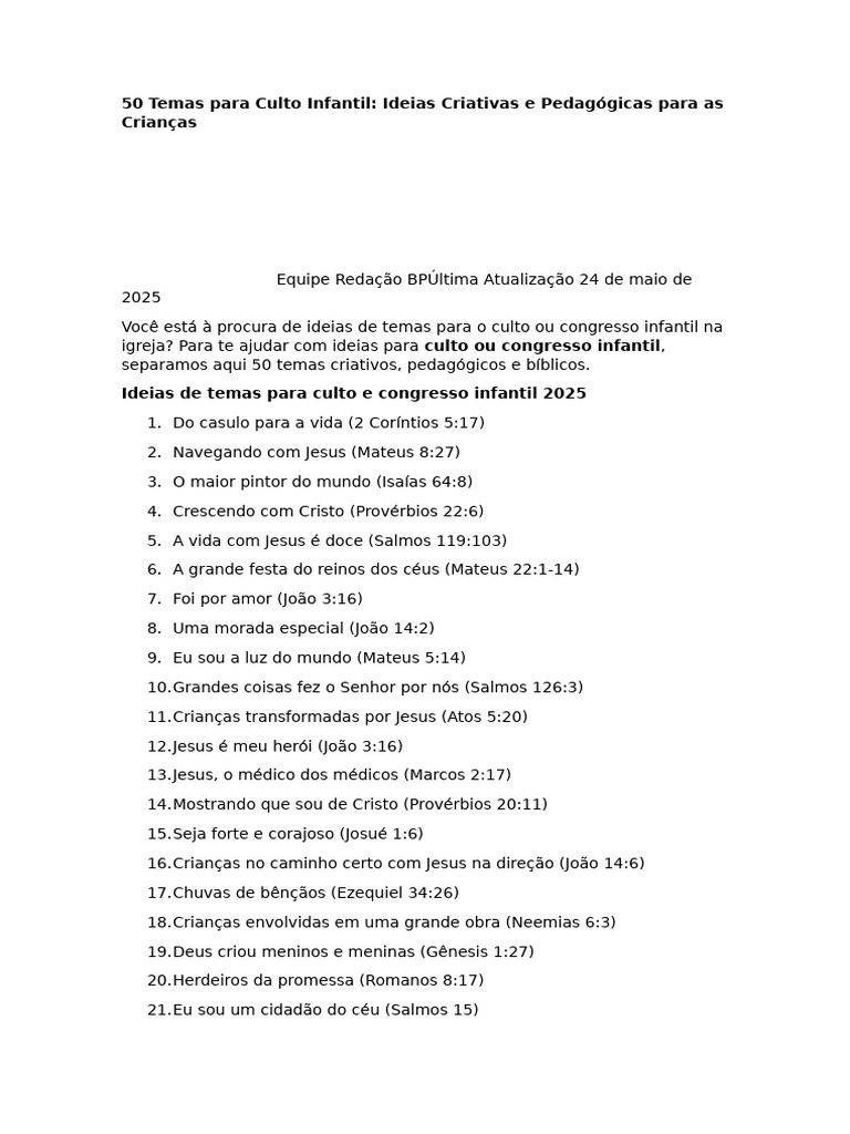 50 Temas Criativos para Culto Infantil | PDF | O Reino de Deus | Jesus