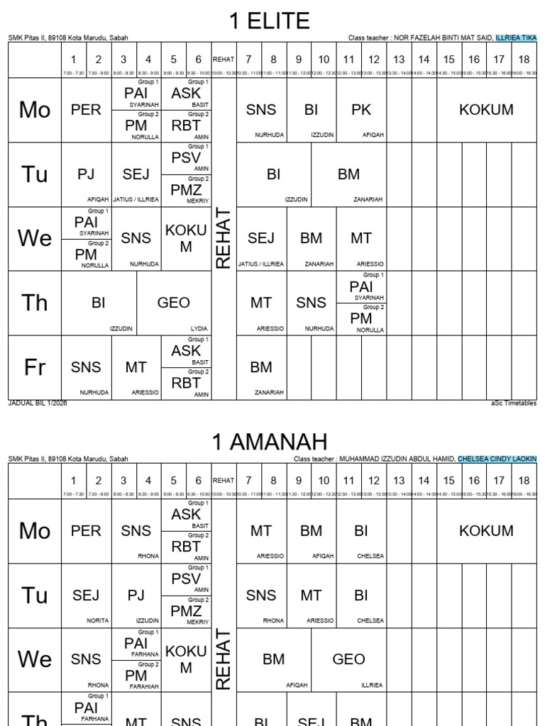 SMK Pitas II Class Timetable 2026 | PDF