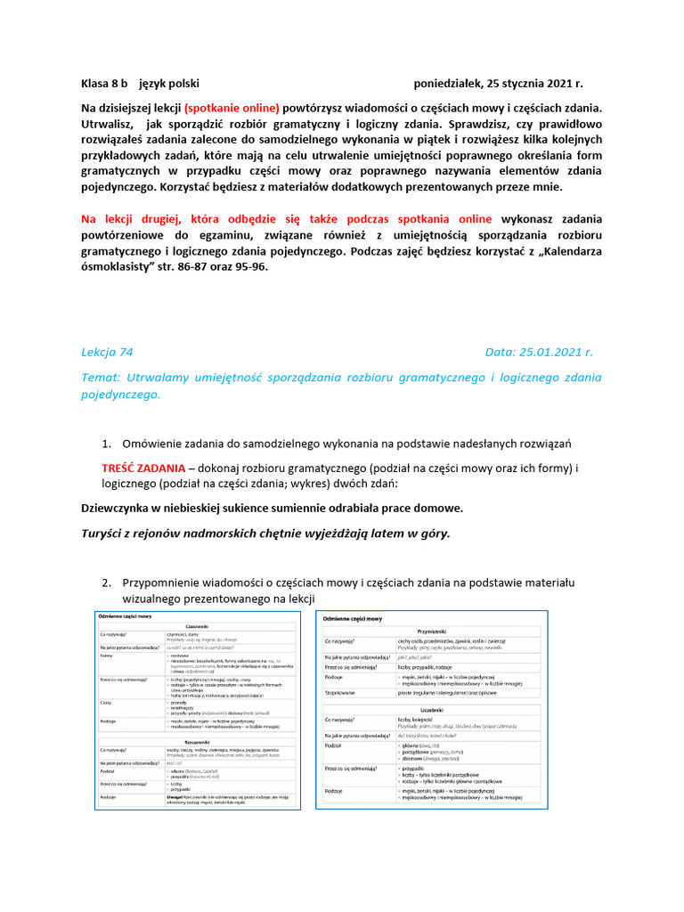 Klasa 8 b Jezyk Polski 25 Stycznia Poniedzialek Lekcja 74 i Zajecia Nr ...