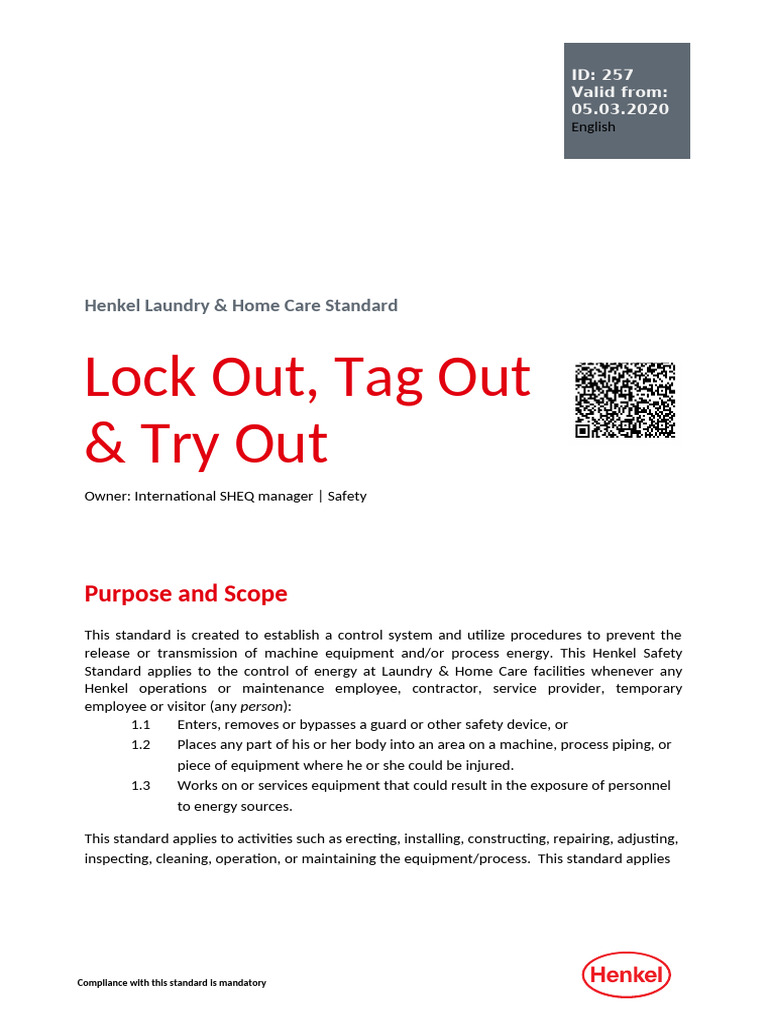 Henkel Lock Out Tag Out Safety Standard | PDF | Safety