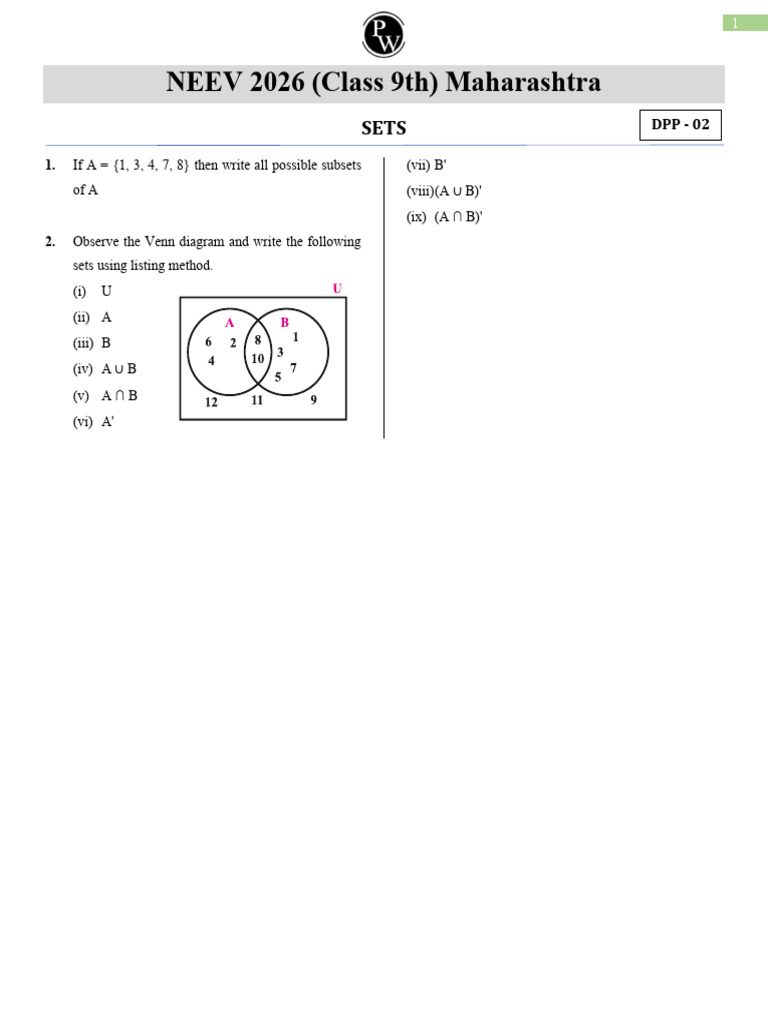 SETS _ DPP 02 __ NEEV 2026 (Class 9th) Maharashtra | PDF