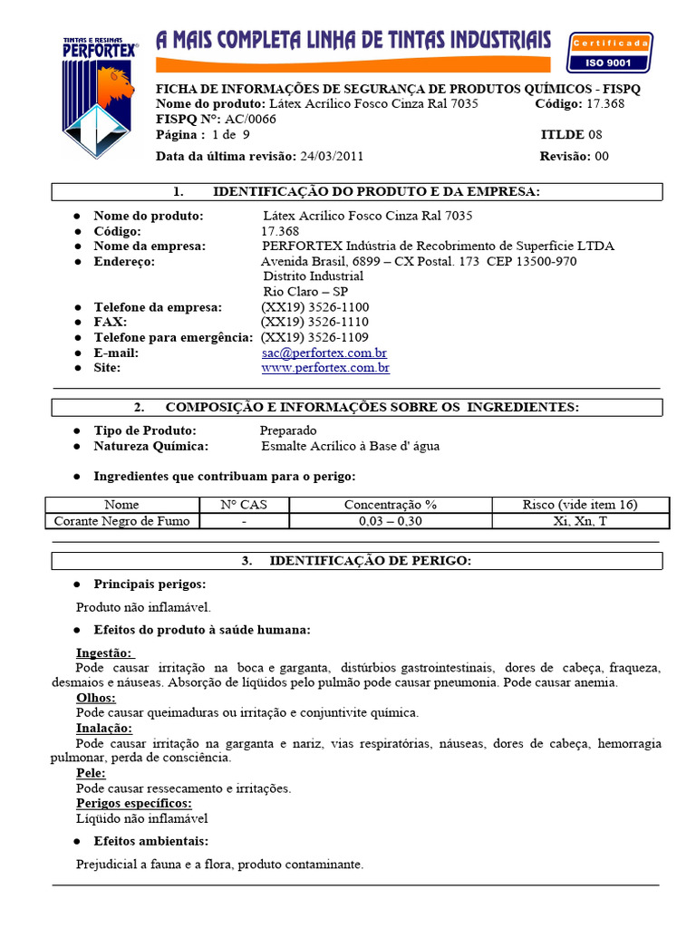 FISPQ do Látex Acrílico Fosco Cinza | PDF | Incêndios | Primeiros socorros