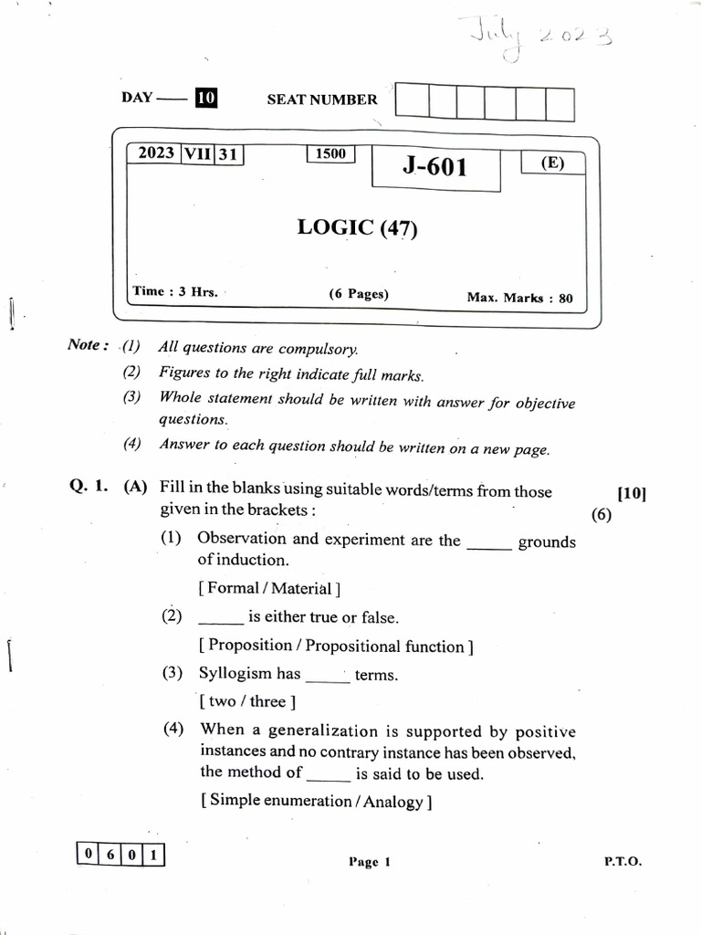 Logic HSC July-2023 | PDF | Logic | Syntax (Logic)