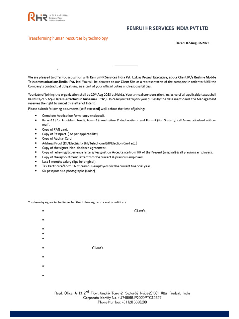 Letter of Intent for Project Executive | PDF | Employment | Salary
