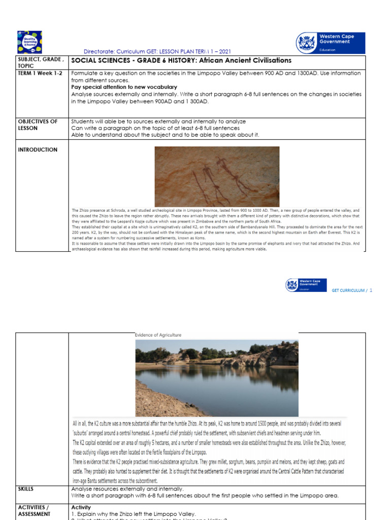 Lesson Plan IP Grade 6 SS History T1 W1 | PDF | Teachers | Learning