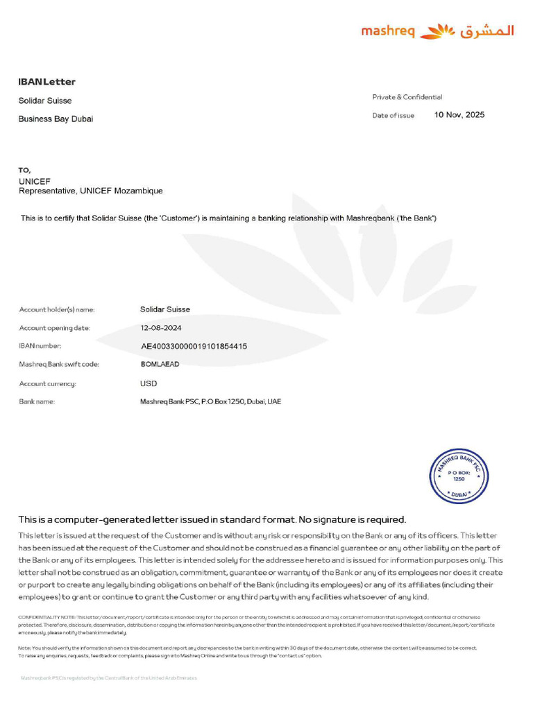 Mashreq Bank Iban Letter | PDF