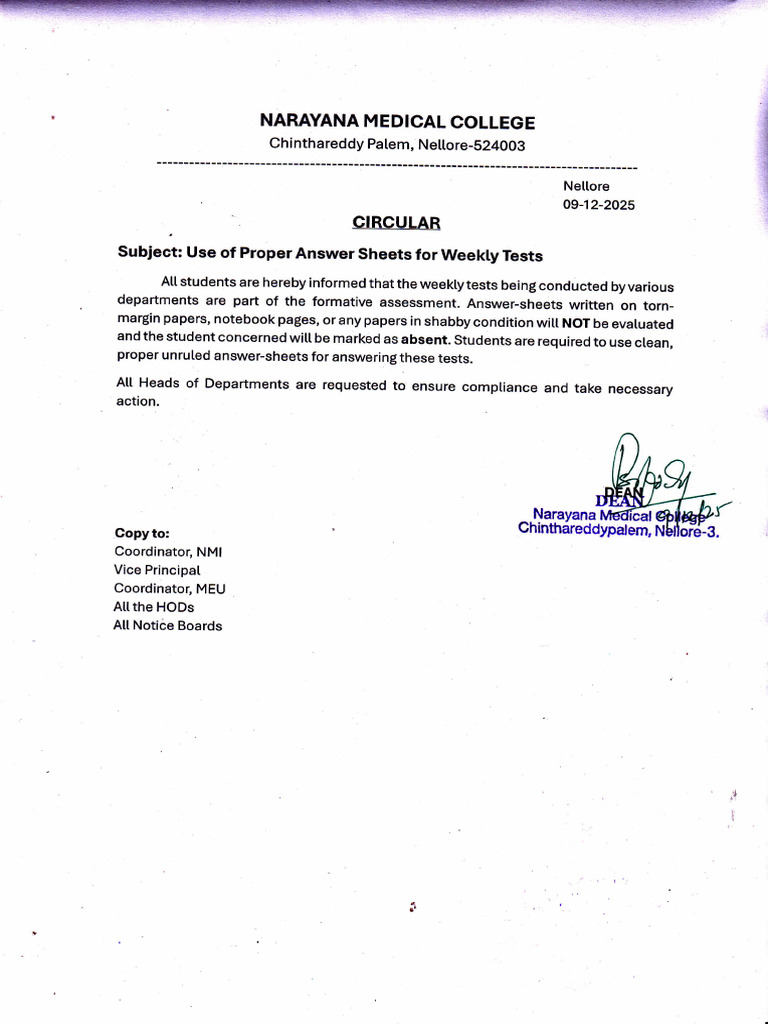CIRCULAR - Use of Proper Answer Sheets for WEEKLY Tests | PDF