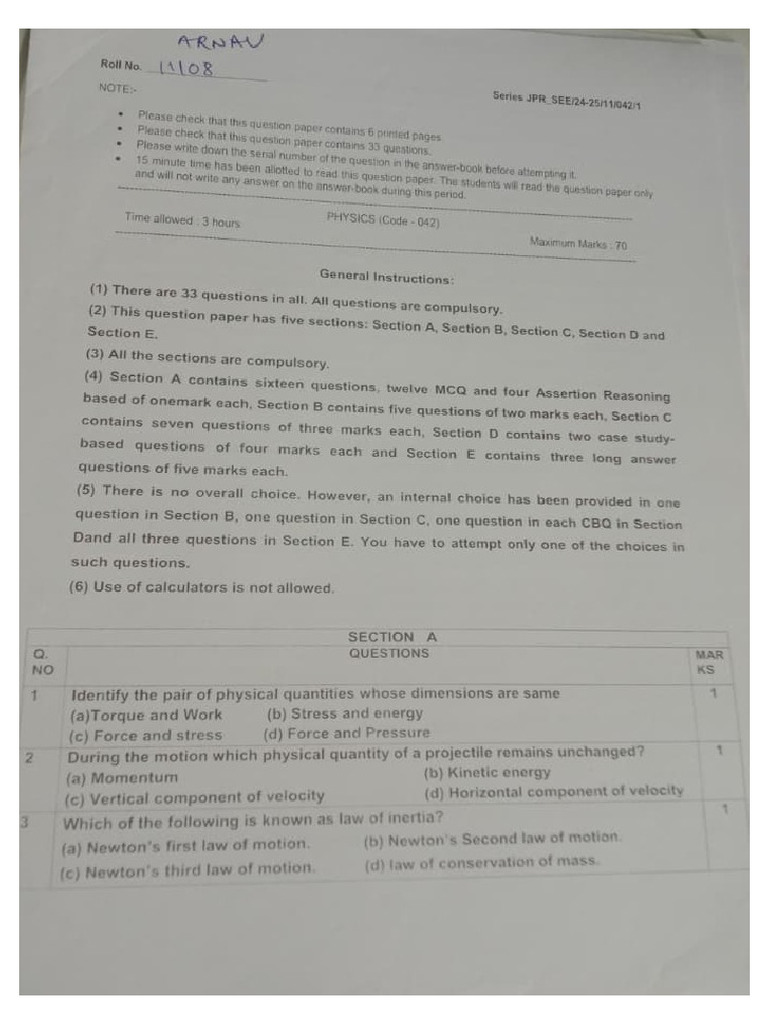 Class 11 Physics Last Year Paper | PDF