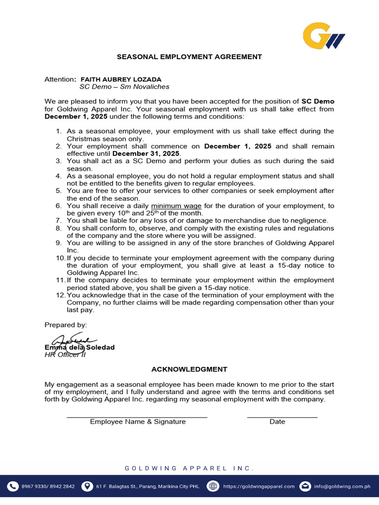 Employment Agreement | PDF | Employment | Labor