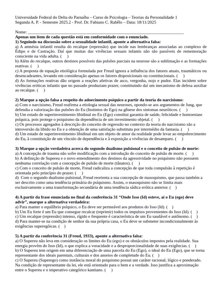 Segunda AP Pers I 2025 2 b | PDF | Psicanálise | Autoimagem