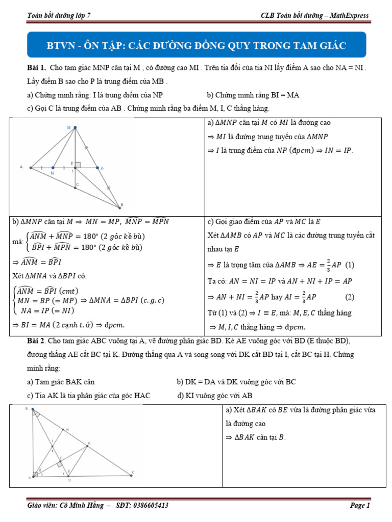 [7C1] MĐ. HDBTVN - Ôn tập các đường đồng quy trong tam giác | PDF