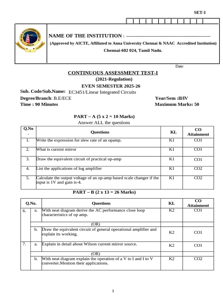 Cat1 Ec4351 Set 1 | PDF | Operational Amplifier | Amplifier