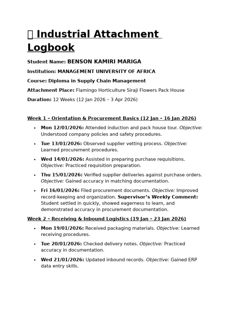 Industrial Attachment Logbook: Supply Chain | PDF | Logistics | Warehouse