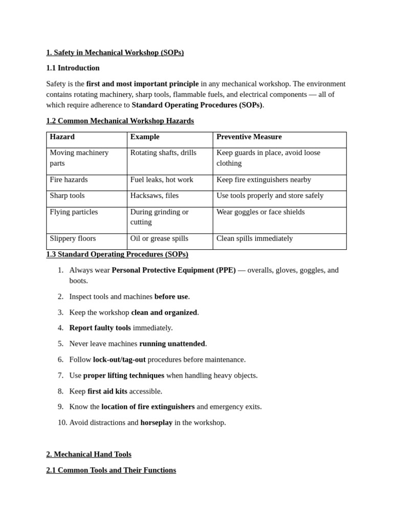 Mechanical Workshop Safety SOPs Guide | PDF | Internal Combustion ...