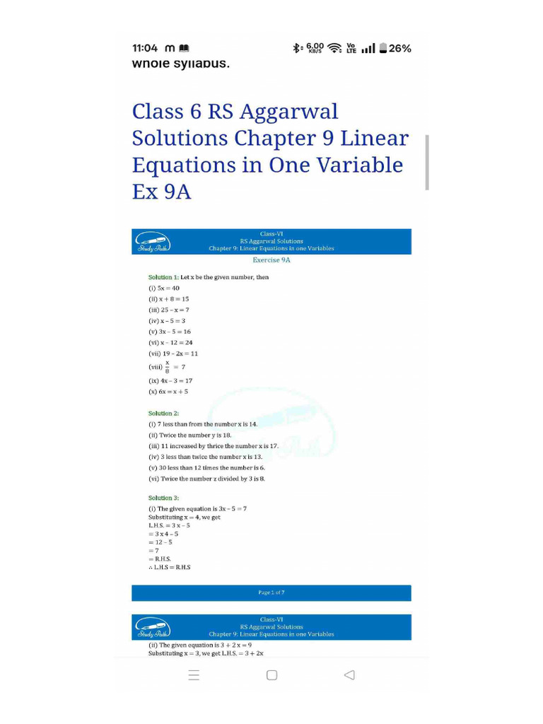Rs Aggarwal Math Book Class 6 Linear Equation | PDF
