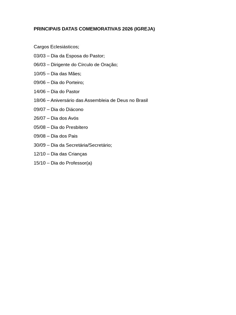 Datas Comemorativas Igreja 2026 | PDF